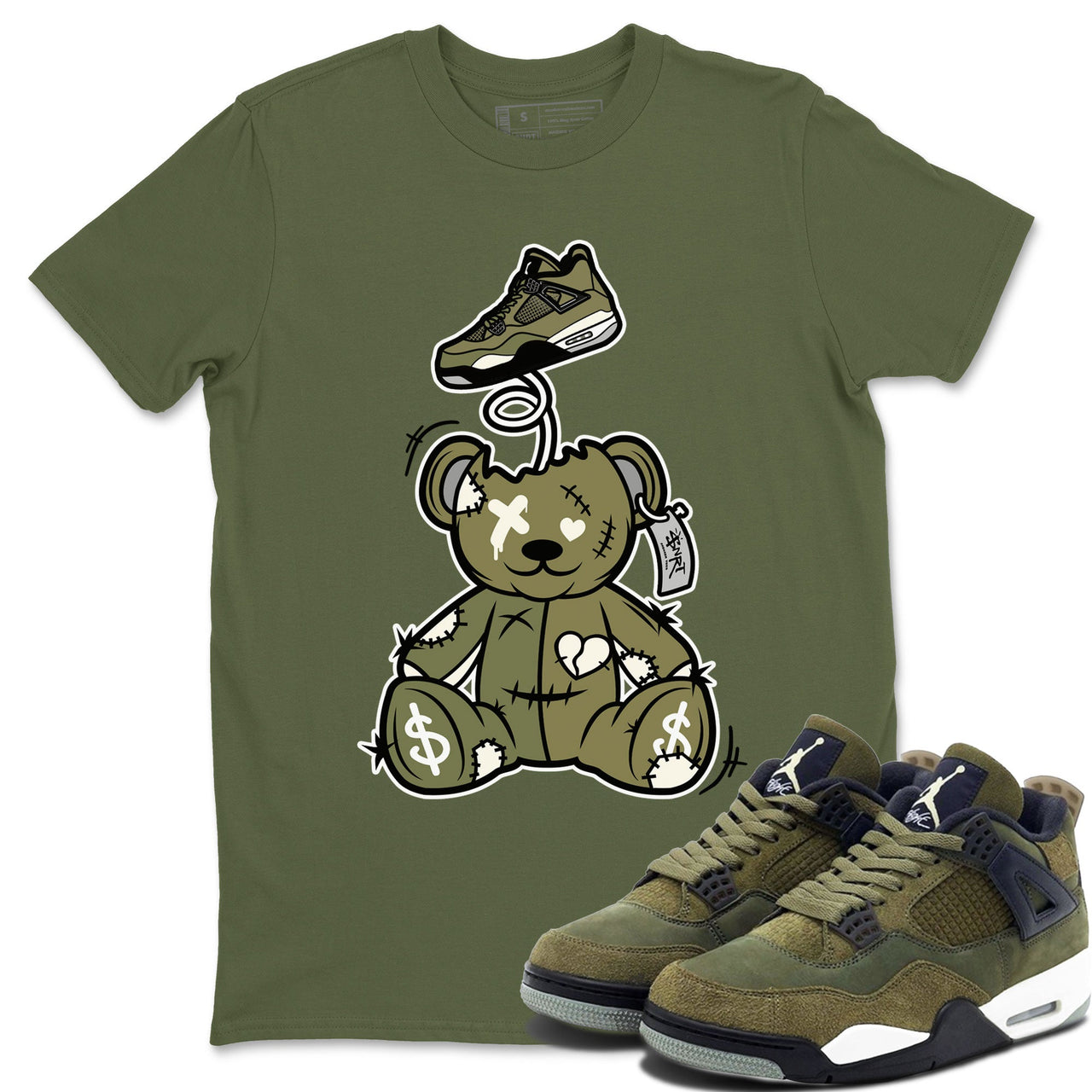 Surprise Teddy Bear SNRT Sneaker Tee - Air Jordan 4 Medium Olive | SNRT Sneaker T-shirts
